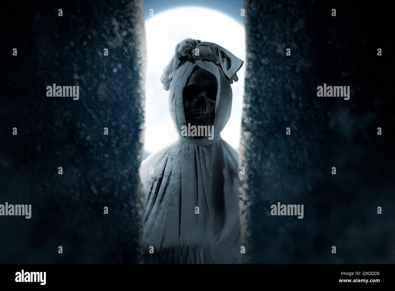 Pocong is covered with a white linen shroud standing with full moon ...