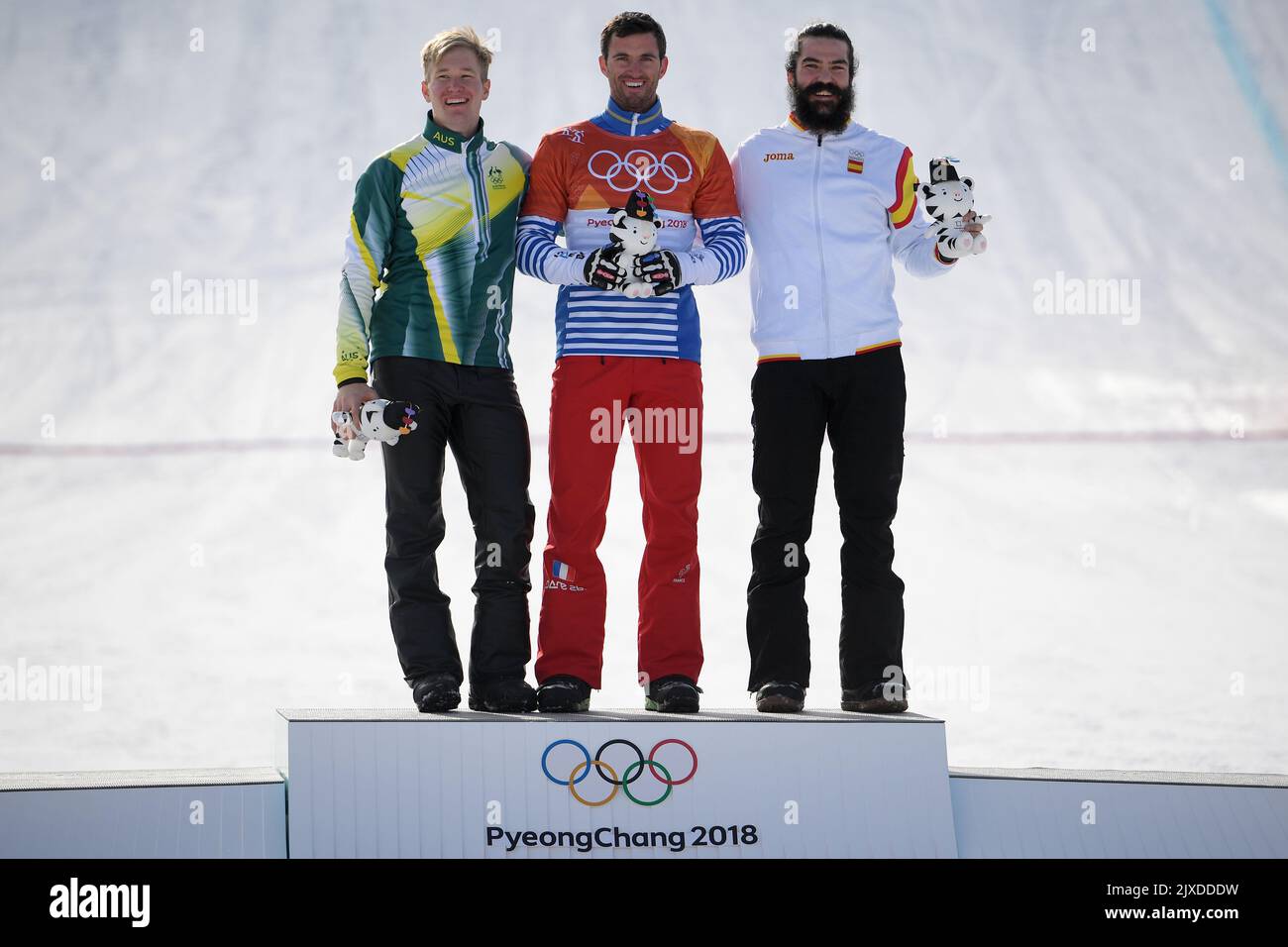 (L-R) Jarryd Hughes of Australia, Pierre Vaultier of France and Regino ...