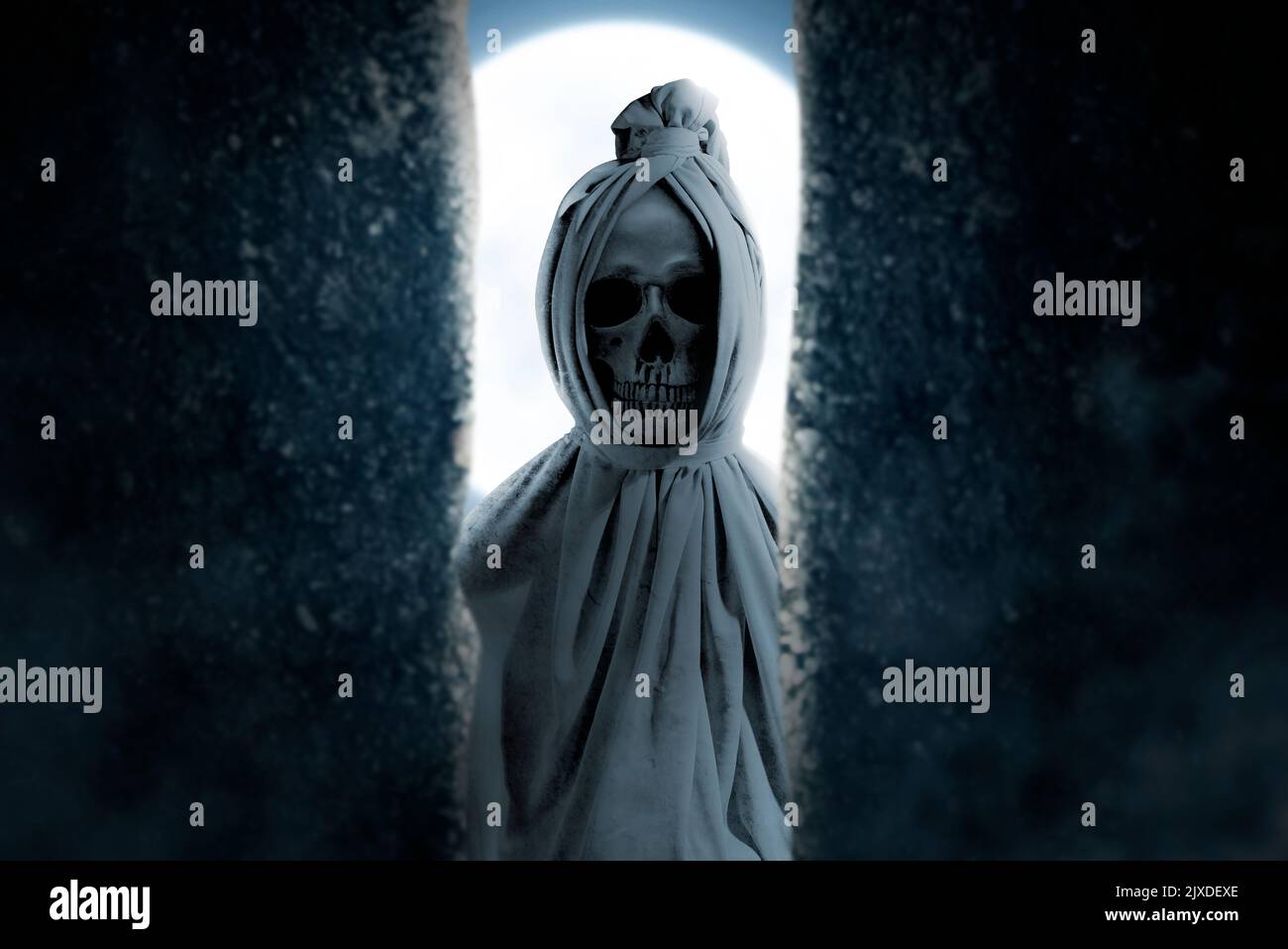 Pocong is covered with a white linen shroud standing with full moon ...