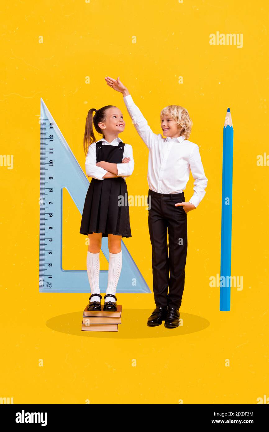 Vertical poster collage photo of little school girl boy measure size ...