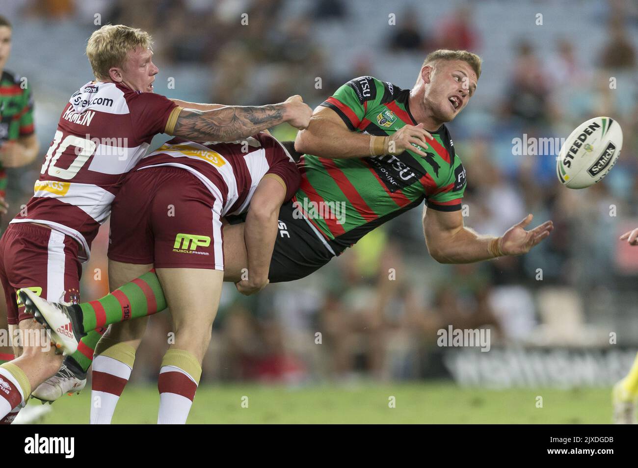 Thomas Burgess of the Rabbitohs is tackled during the NRL International ...