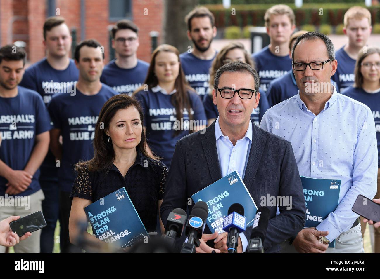 SA Opposition leader Steven Marshall launches his 100 Day Plan flanked ...