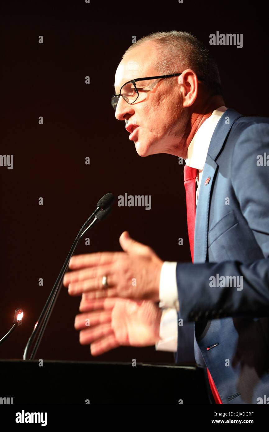 South Australian Premier Jay Weatherill is seen delivering his speech ...