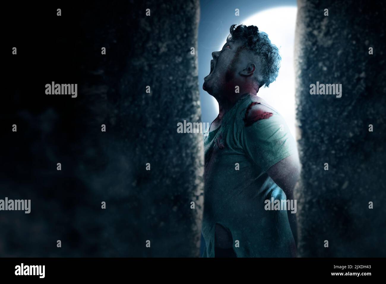 Scary zombie with blood and wound on his body standing with full moon ...