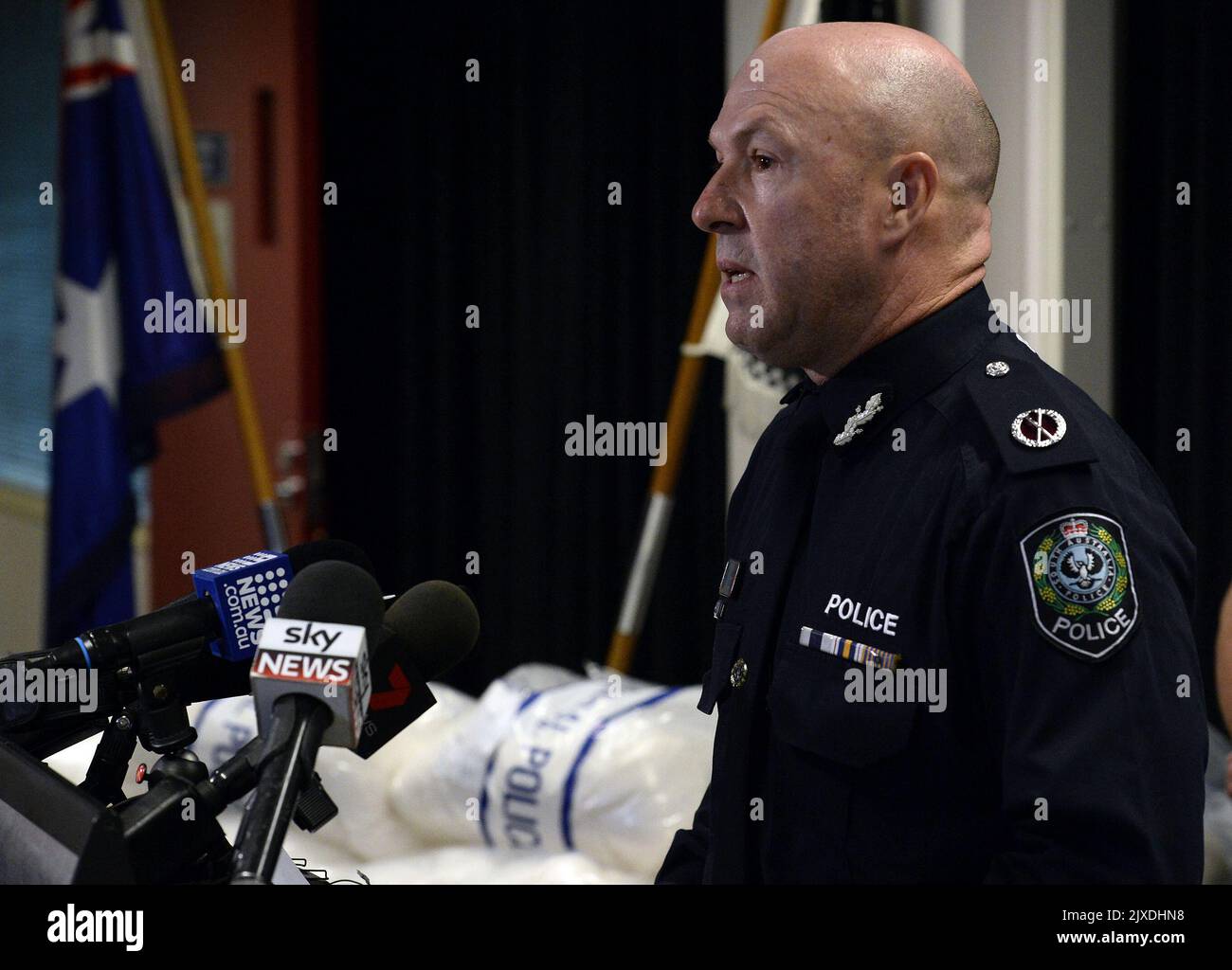 Assistant Commissioner of SAPOL Scott Duval addresses media as samples ...