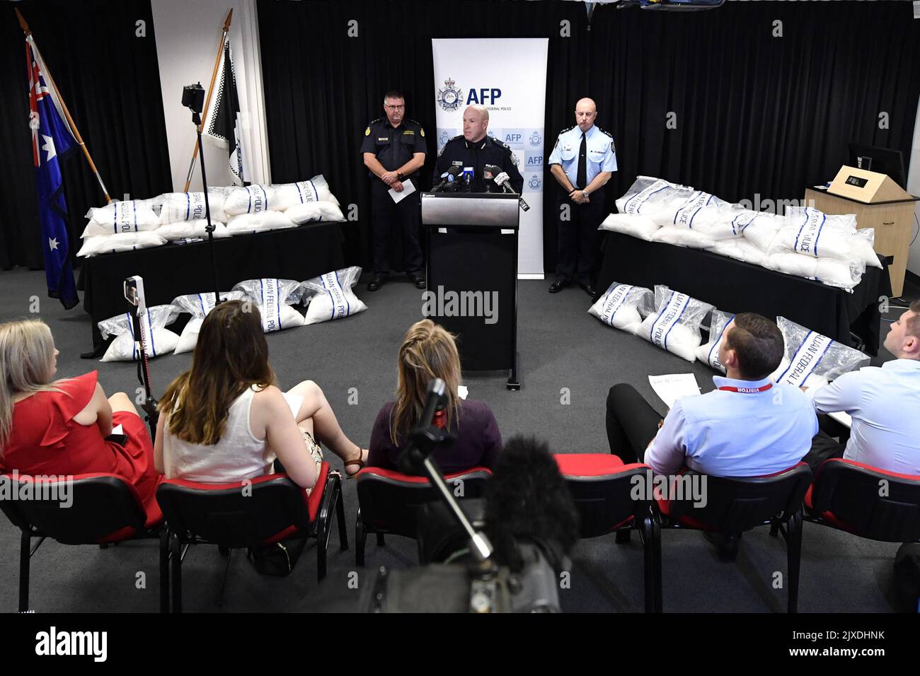 Assistant Commissioner of SAPOL Scott Duval addresses media as samples ...