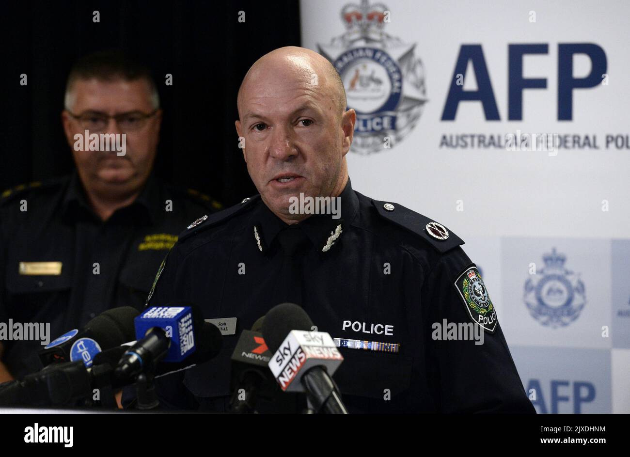 Assistant Commissioner of SAPOL Scott Duval addresses media as samples ...