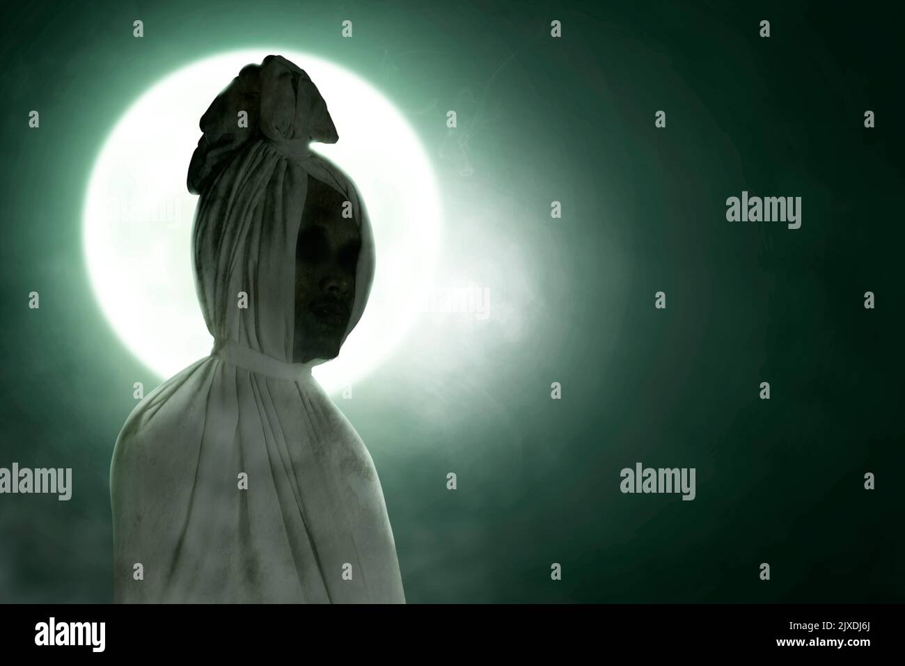Pocong is covered with a white linen shroud standing with full moon ...
