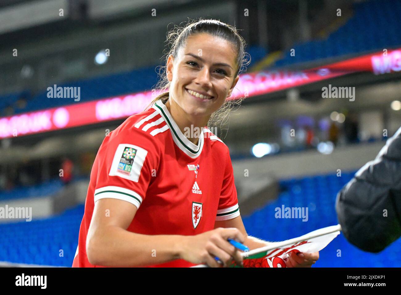 Cardiff, Wales. 6 September 2022. Ffion Morgan of Wales signing a Wales ...