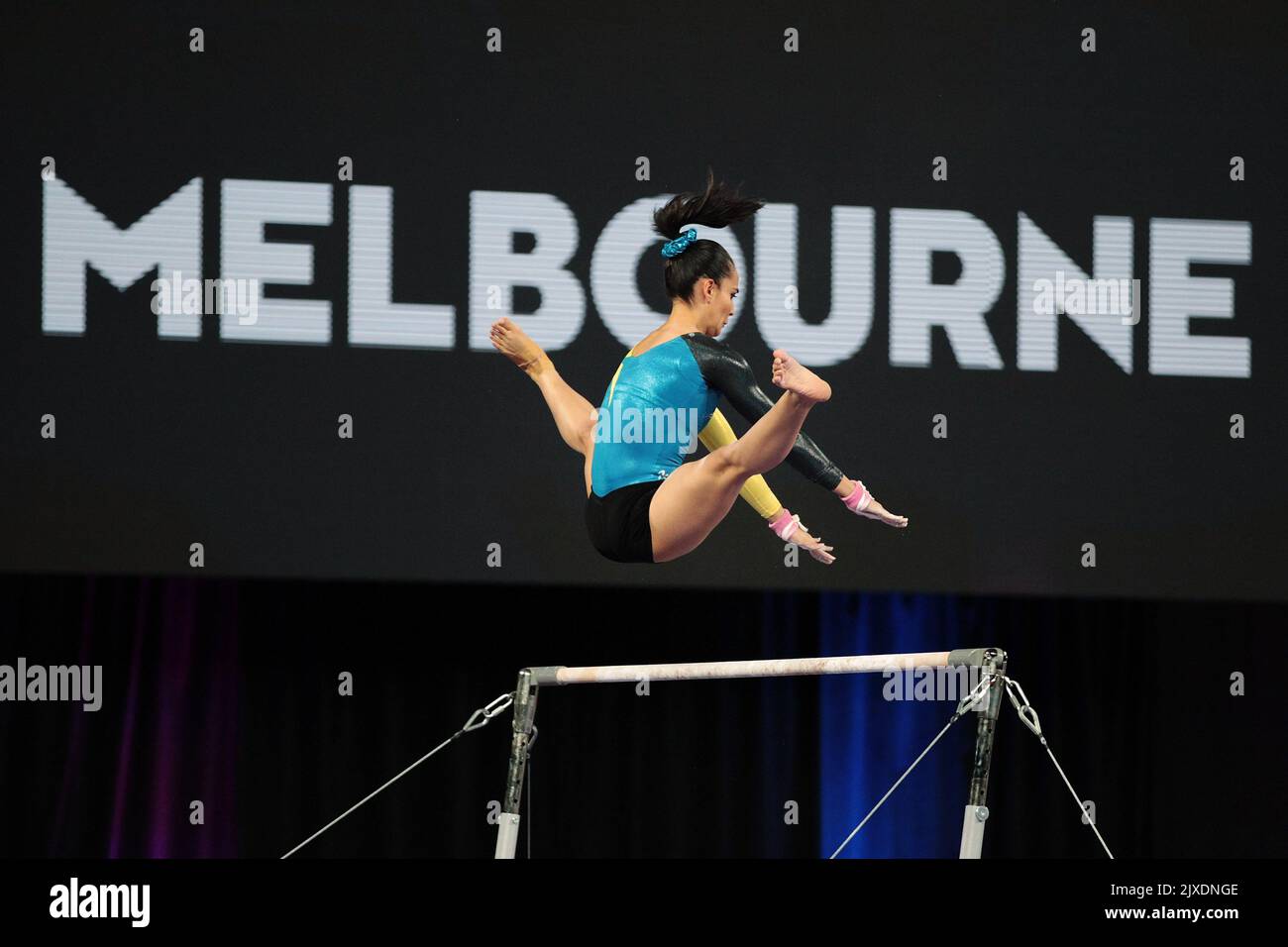 Farah Ann Abdul Hadi of Malaysia warms up on the uneven bars prior to ...