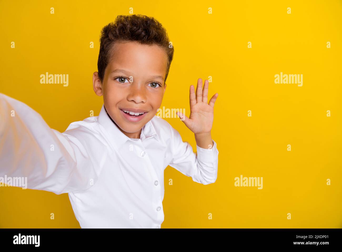 Photo of cute funny boy remote distance lesson hand wave classmates ...