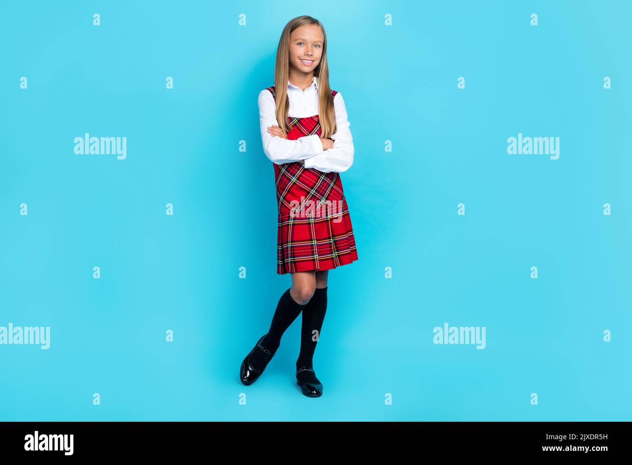 Full body size photo of young cute schoolgirl kid folded hands smile ...