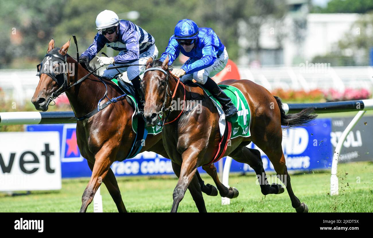 Jockey Tye Angland (right) riding Cristobal to win race 2 the TAB.COM ...