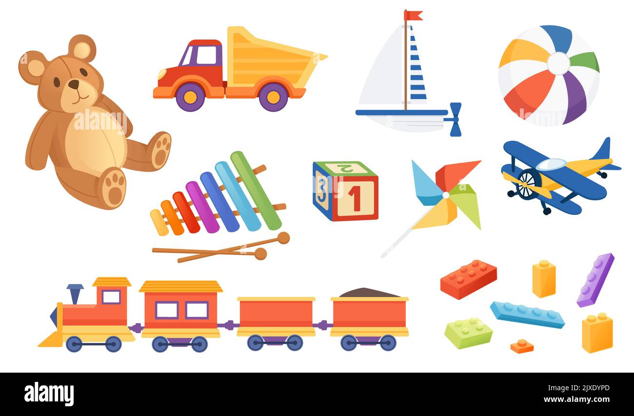 Big collection of children toys soft and plastic material color vector ...