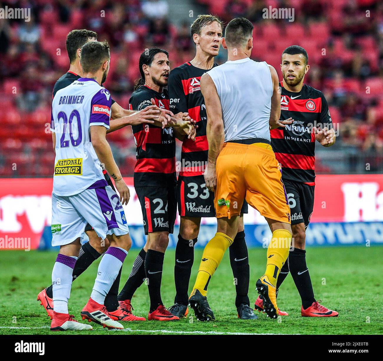 Liam Reddy Goal-Keeper (centre) of Perth reacts against Jaushua Sotirio ...