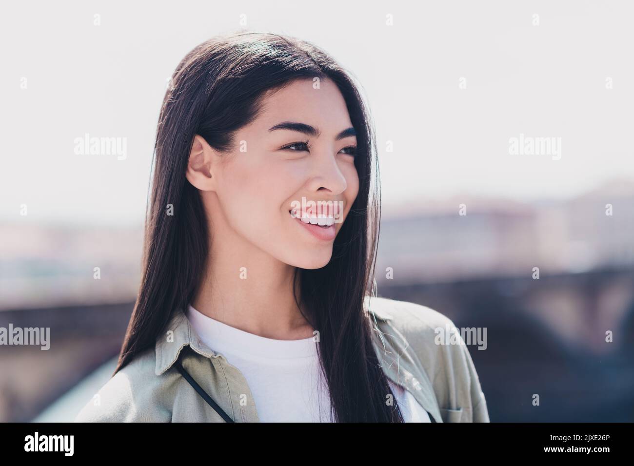 Photo of adorable sweet lady looking away aside listen interesting ...