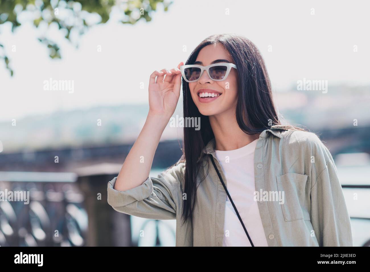 Photo of cute lovely pretty lady tourist listen excursion city facts ...