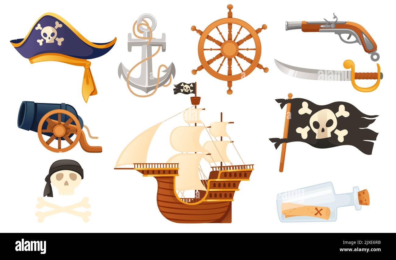 Collection of pirate themed items vector illustration isolated on white ...