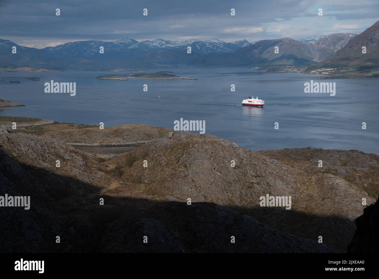 Hurtigrluten ship Kong Harald passing Torghatten granite dome in ...
