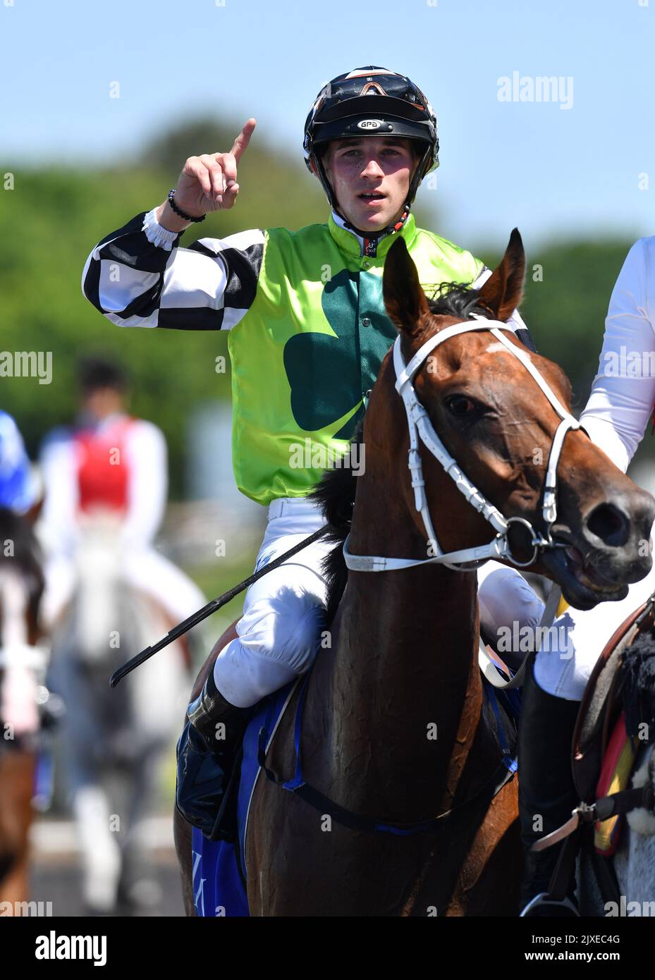 Jockey Lee Magorrian, is seen celebrating as he returns to scale after ...