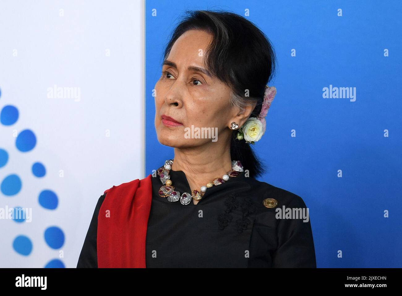 Myanmar State Counsellor Aung San Suu Kyi listens to an address as she ... Myanmar State Counsellor Aung San Suu Kyi listens to an address as she ...
