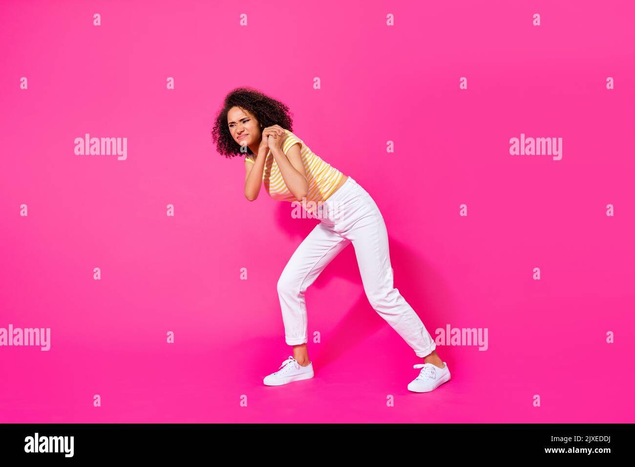 Full body size photo of young attractive gorgeous nice girl drag pull ...