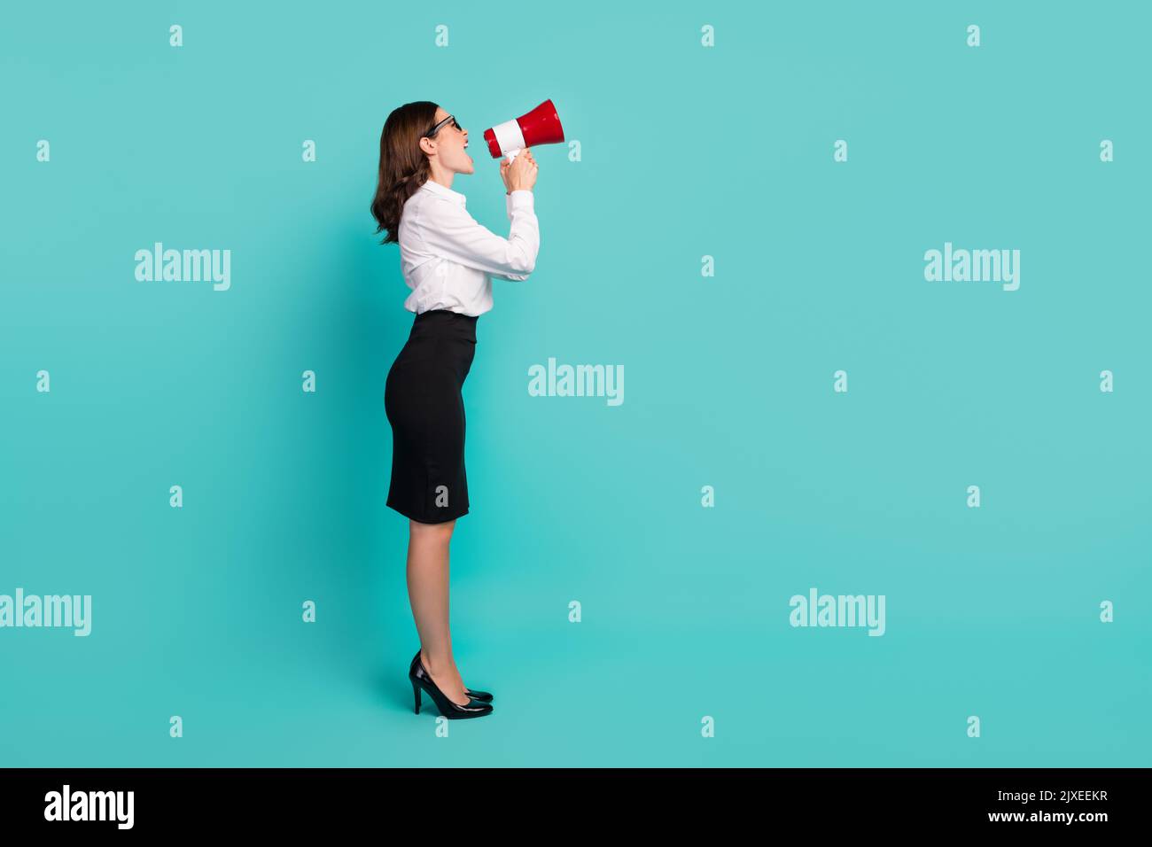 Full length profile side photo of lady agent yell megaphone empty space ...