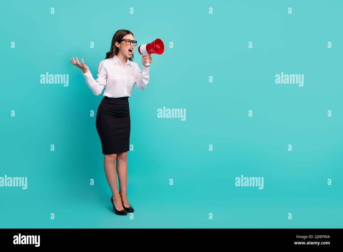 Full body photo of angry lady executive screaming loudspeaker firing ...