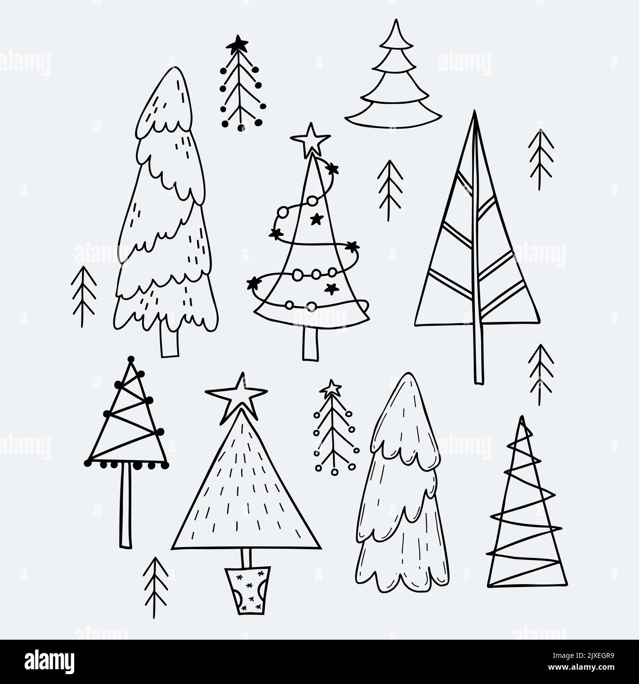 Collection linear of Christmas trees. Various trees, with garland ...