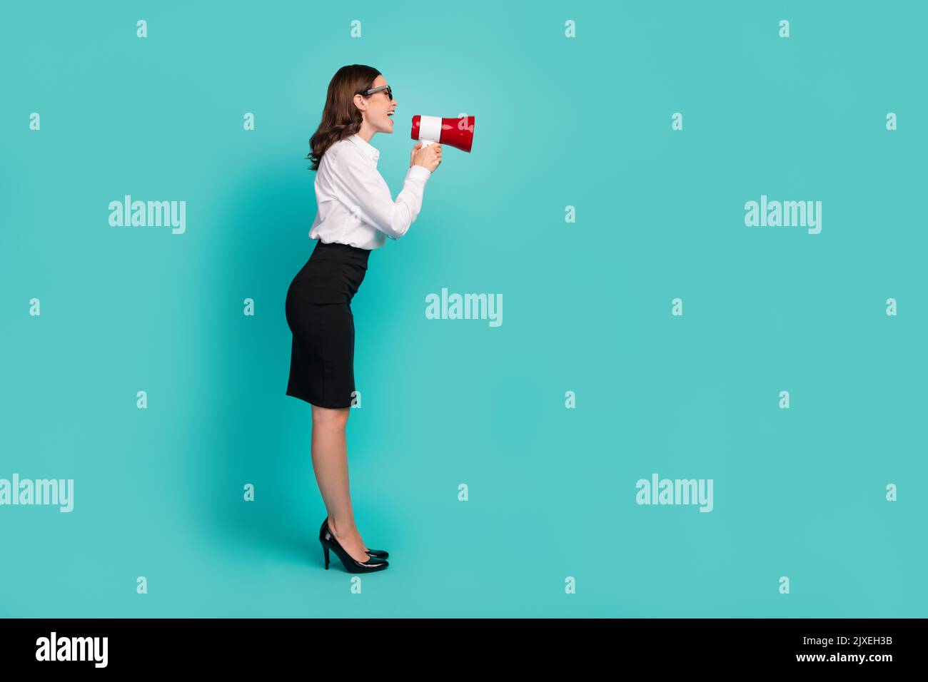Full length profile photo of executive lady shout megaphone empty space ...