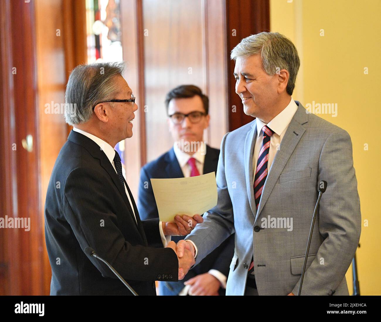 Rob Lucas MP is sworn in by SA Governor Hieu Van Le during a ...