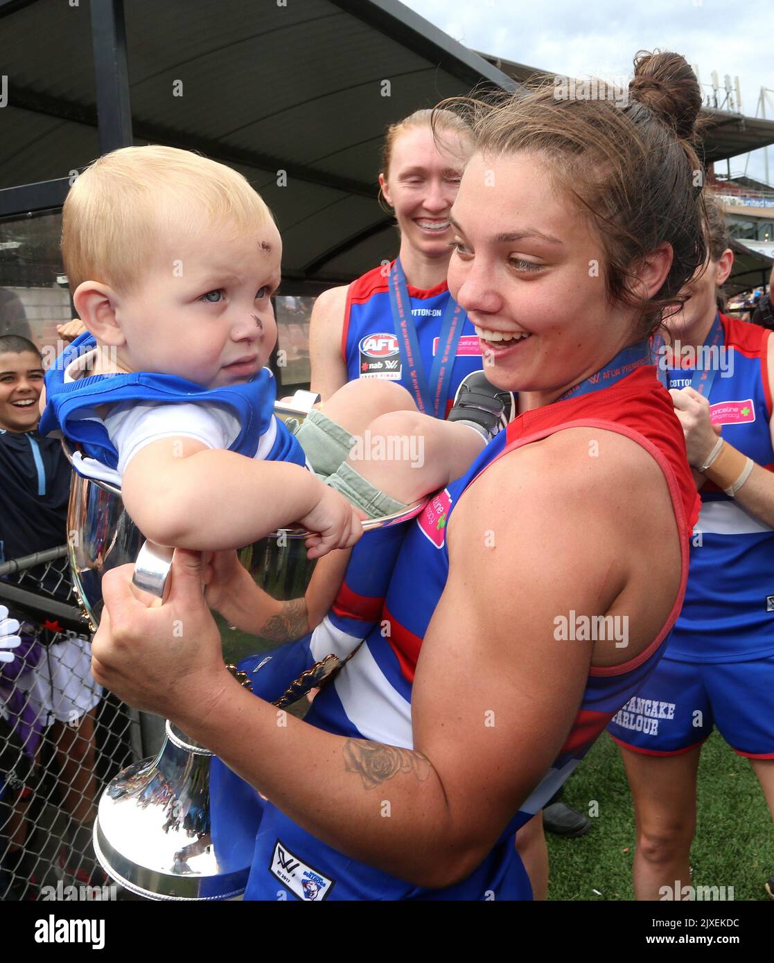 Ellie Blackburn of the Bulldogs celebrates with her nephew Riley in the ...
