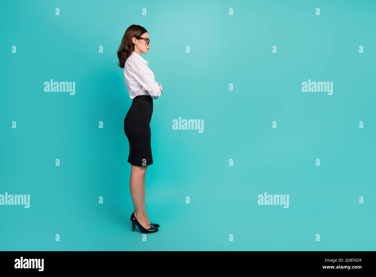 Full length profile side photo of young university professor look empty ...