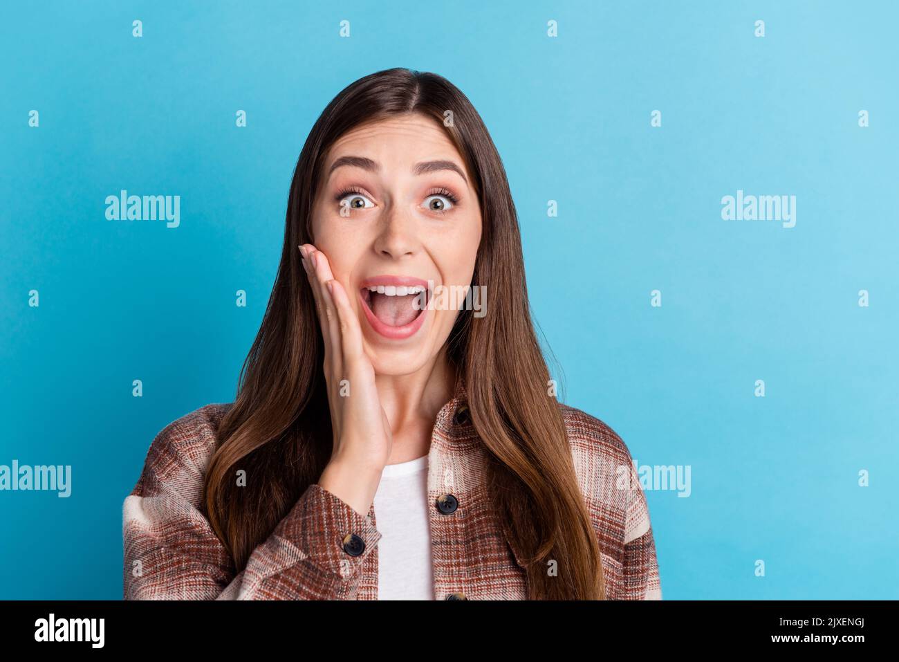 Portrait of astonished satisfied person hand touch cheek open mouth ...