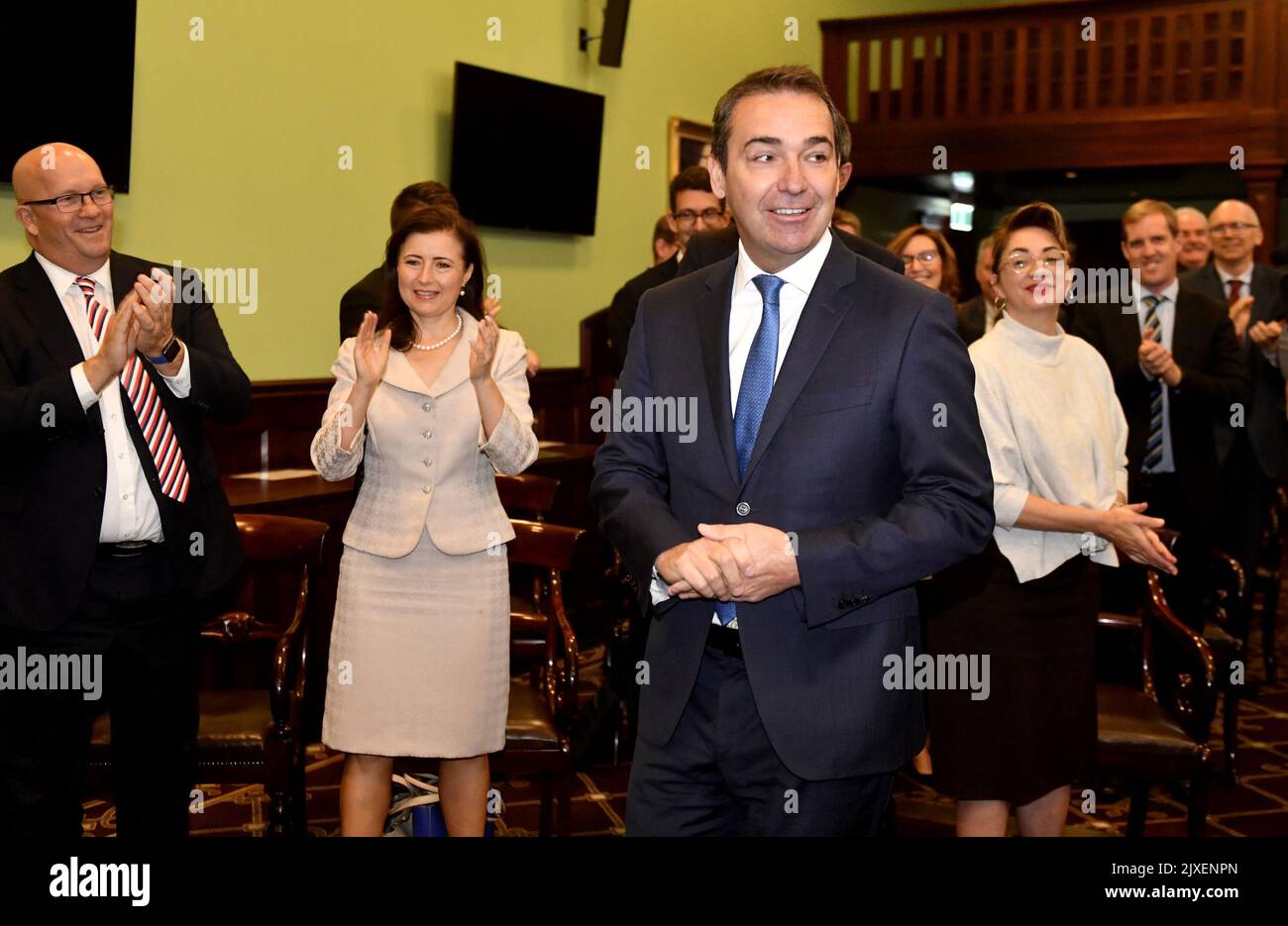 South Australian Premier Steven Marshall is seen entering a party room ...
