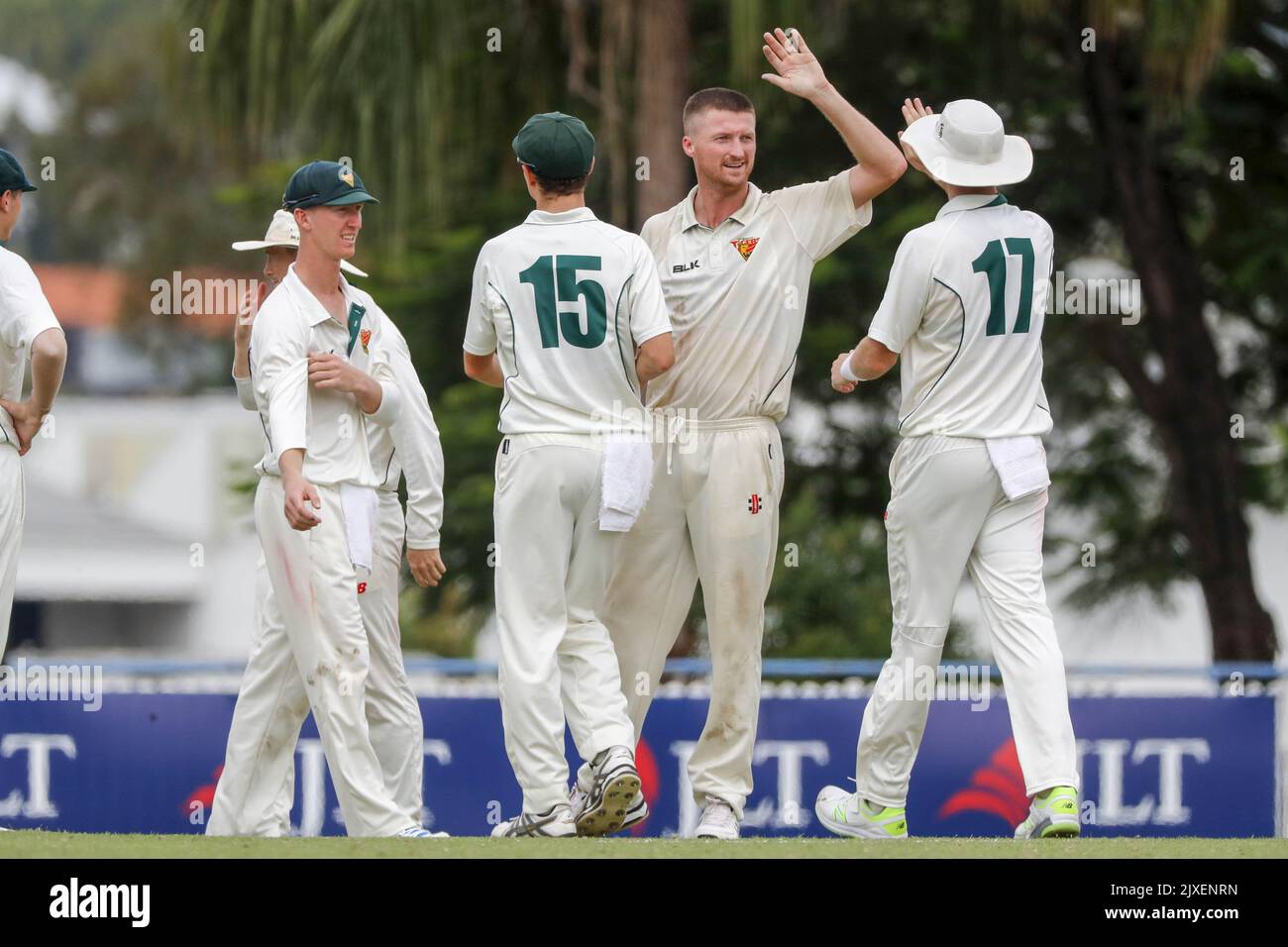 Jackson Bird (2nd from right) of the Tigers celebrates with team mates ...