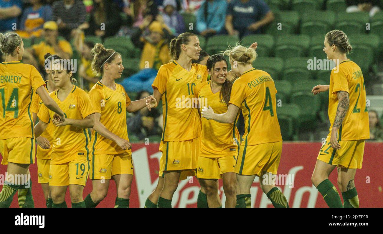 Alex Chidiac (third from right) of the Matildas celebrates a goal ...