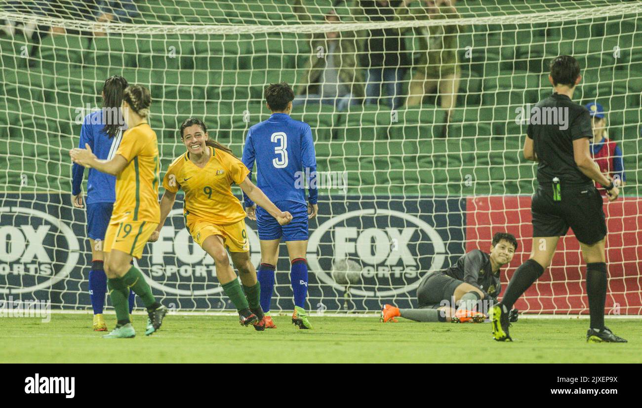 Alex Chidiac (centre) of the Matildas celebrates a goal during the ...