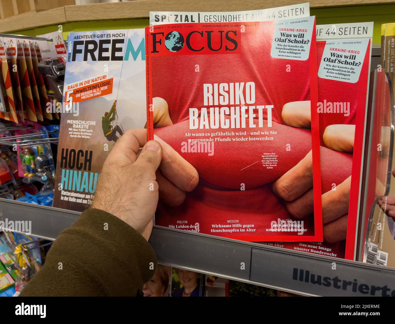 Berlin, Germany - Apr 23, 2022: Focus German magazine newspaper in male ...