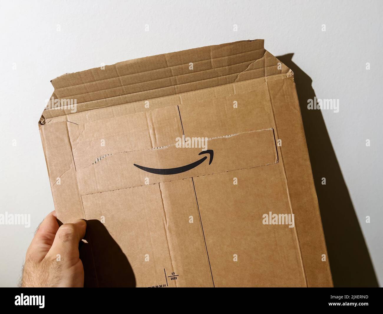 Paris France - Apr 24 2022: Pov male hand holding new Amazon Prime ...