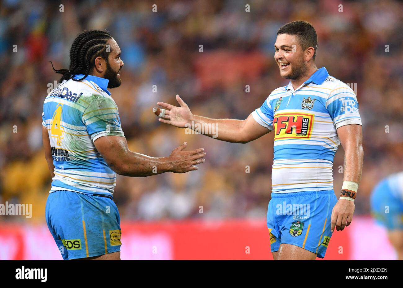 Konrad Hurrell (left) and Ashley Taylor (right) of the Titans celebrate ...