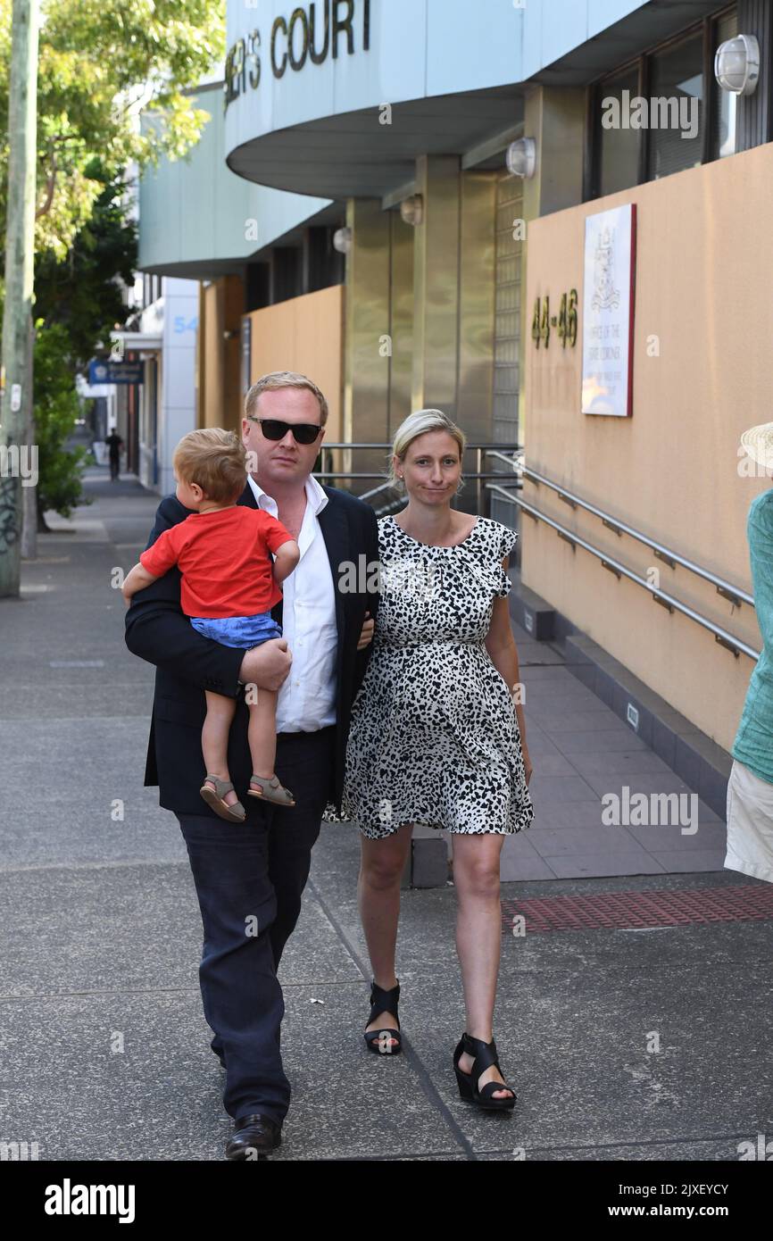 James Pegum, with his wife and son leave Glebe Coroners Court in Sydney ...