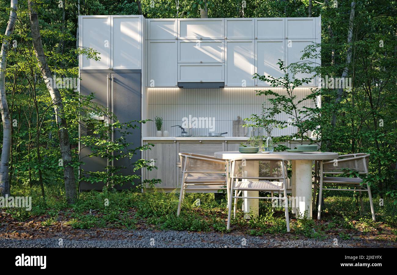 outdoor kitchen in the forest (3d rendering creative concept Stock ...