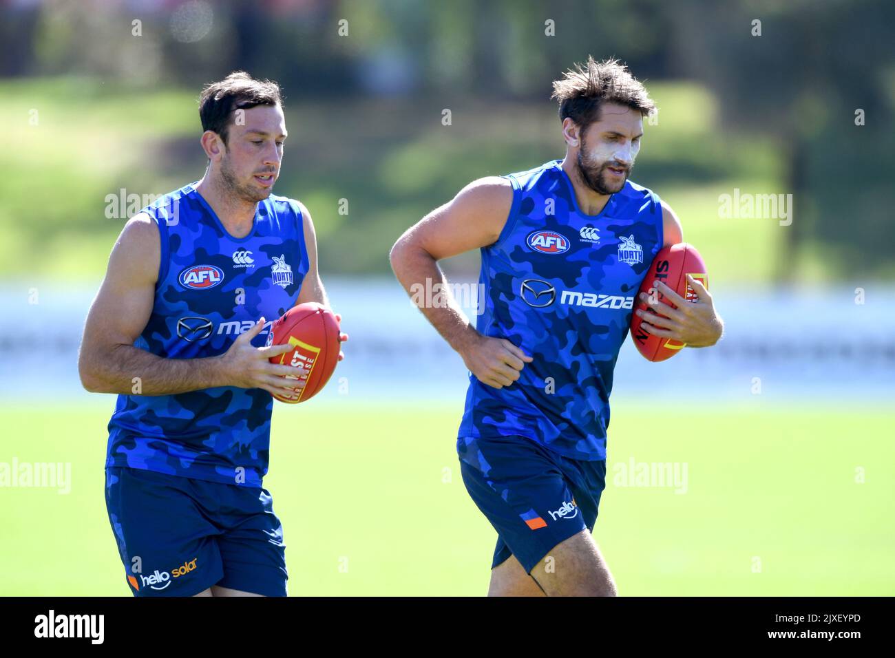 Todd Goldstein (left) and Jarrad Waite of the Kangaroos are seen during ...