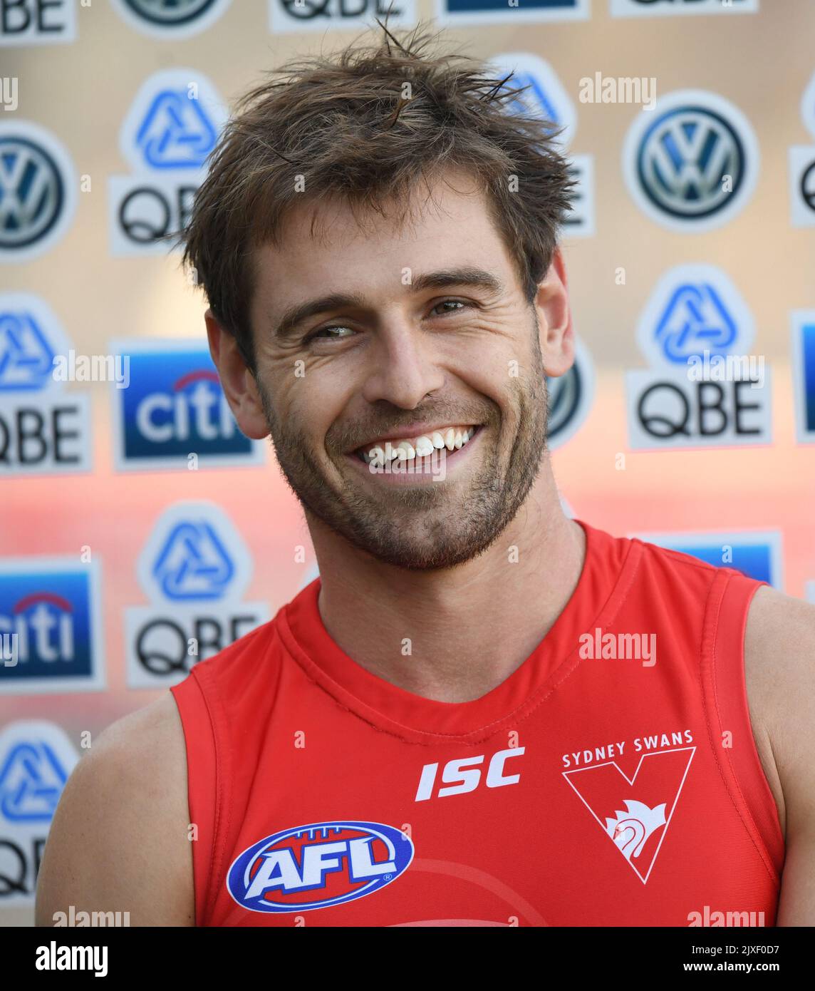 Nick Smith of the Sydney Swans laughs while speaking to the media ...