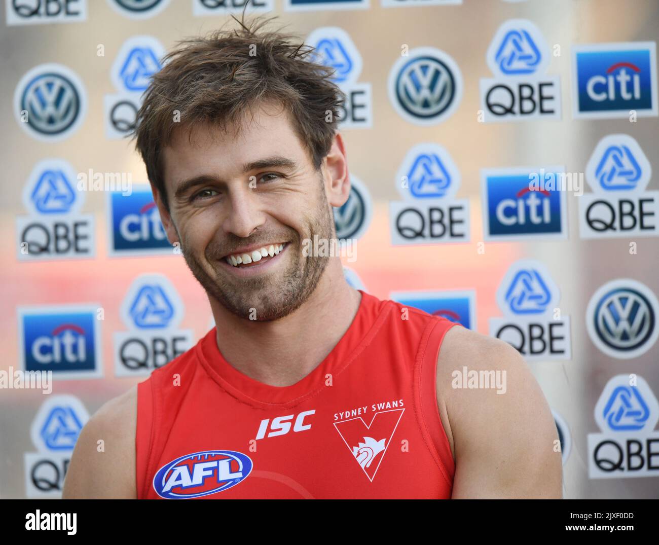 Nick Smith of the Sydney Swans laughs while speaking to the media ...