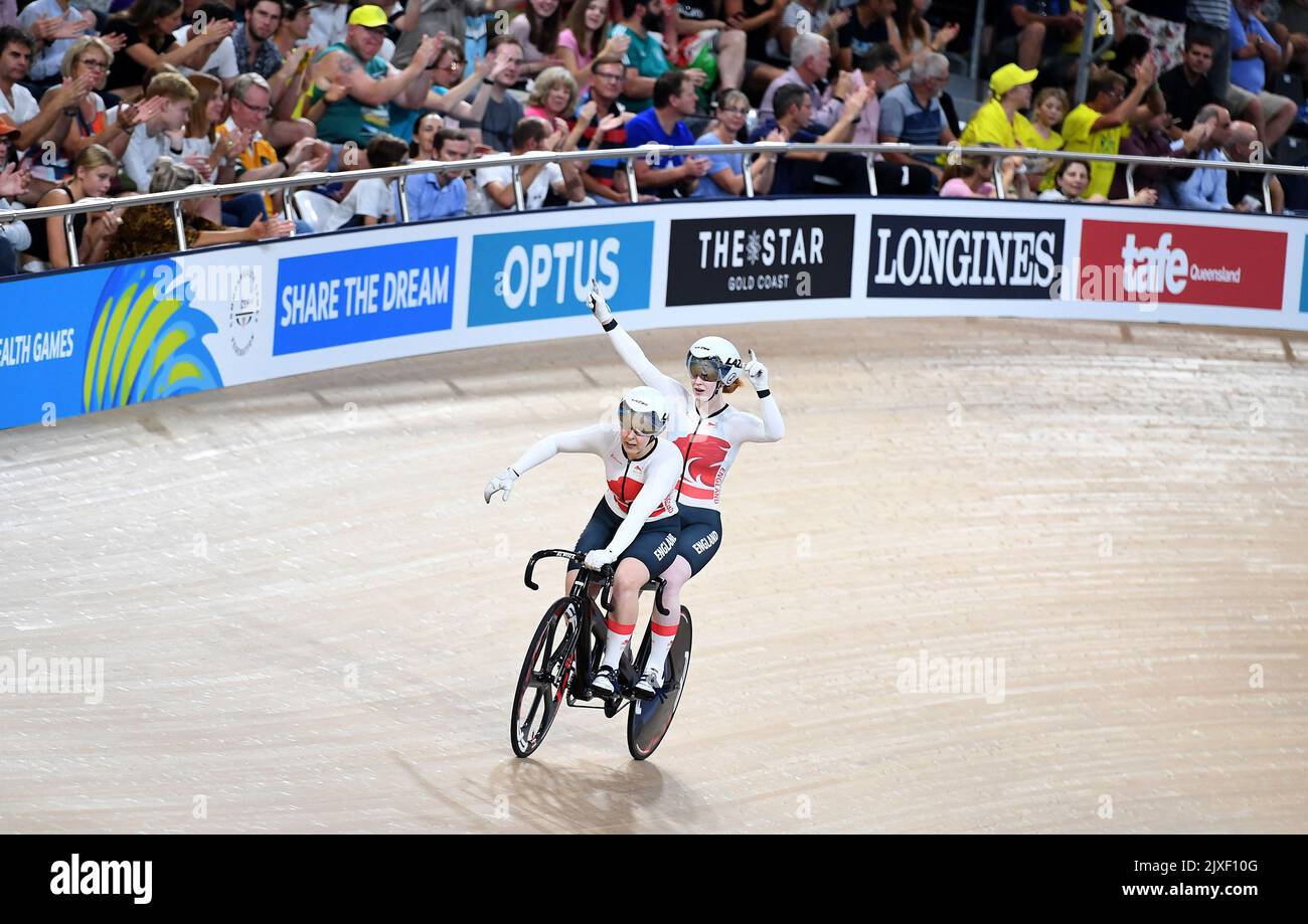 Cyclists Sophie Thornhill (rear) and Helen Scott of England celebrate ...