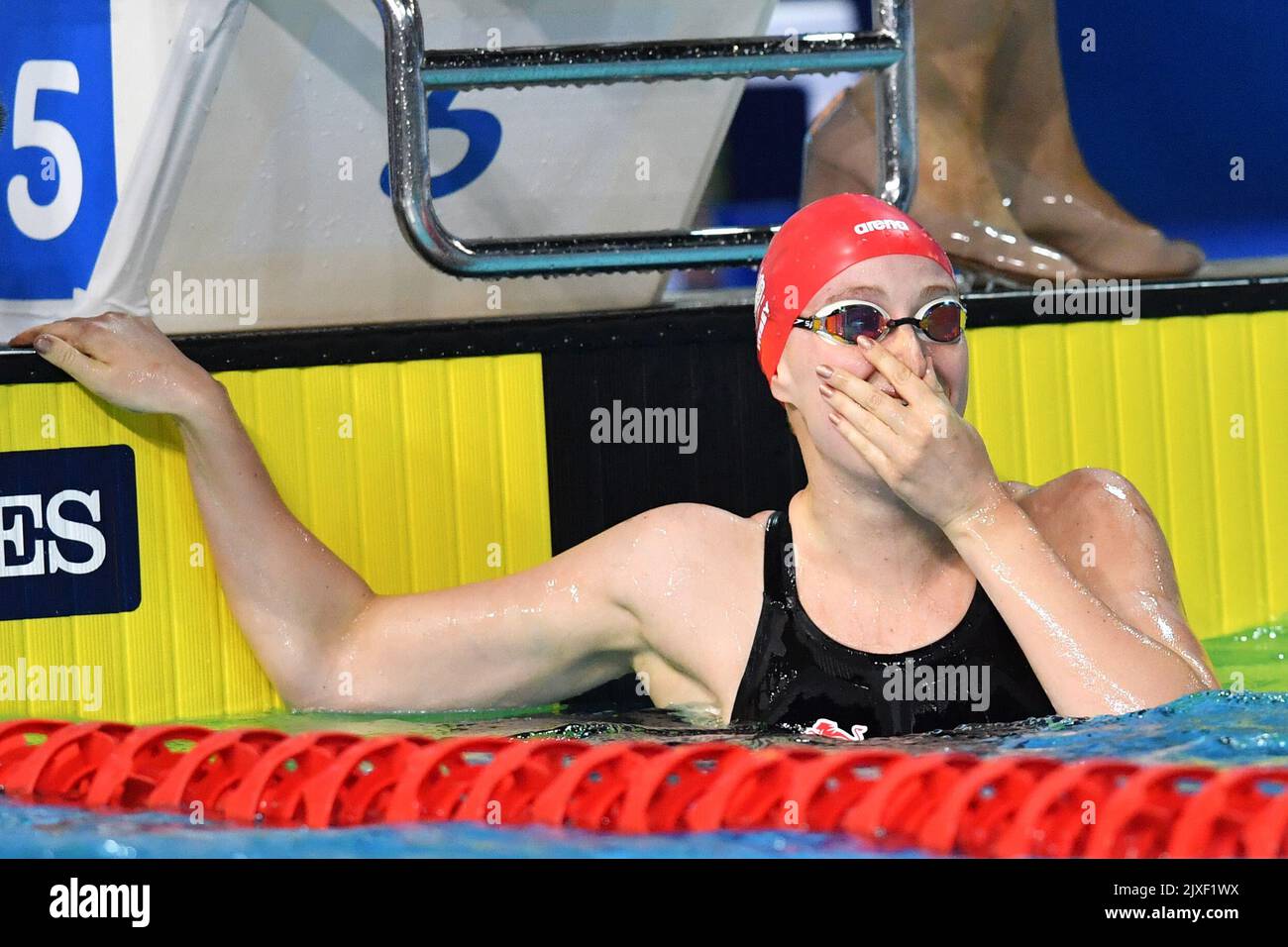 Sarah Vasey of England celebrates winning the Women's 50m Breaststroke ...