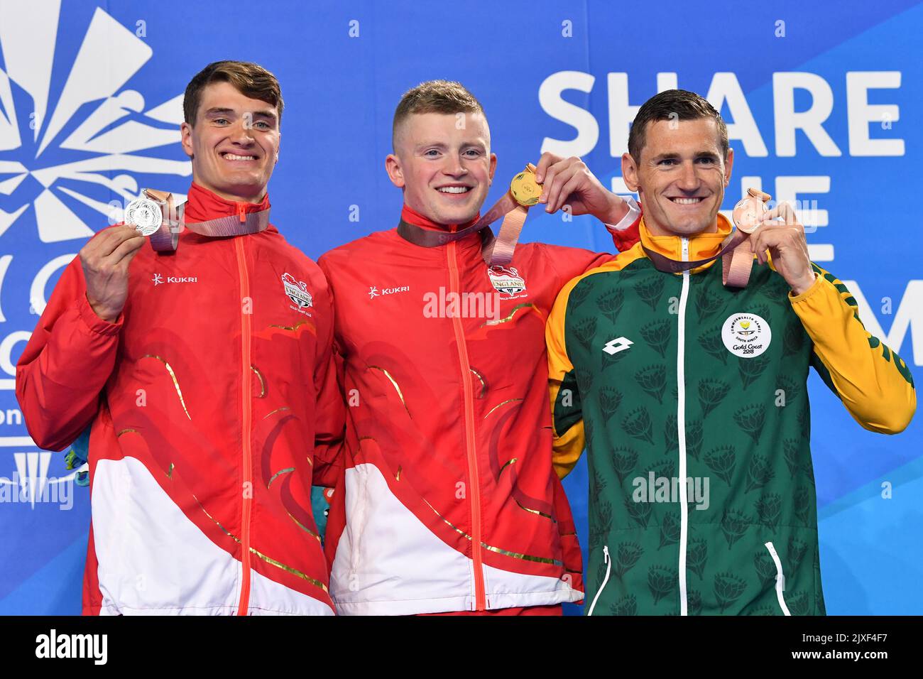 (L-R) Silver medalist James Wilby of England, gold medalist Adam Peaty ...
