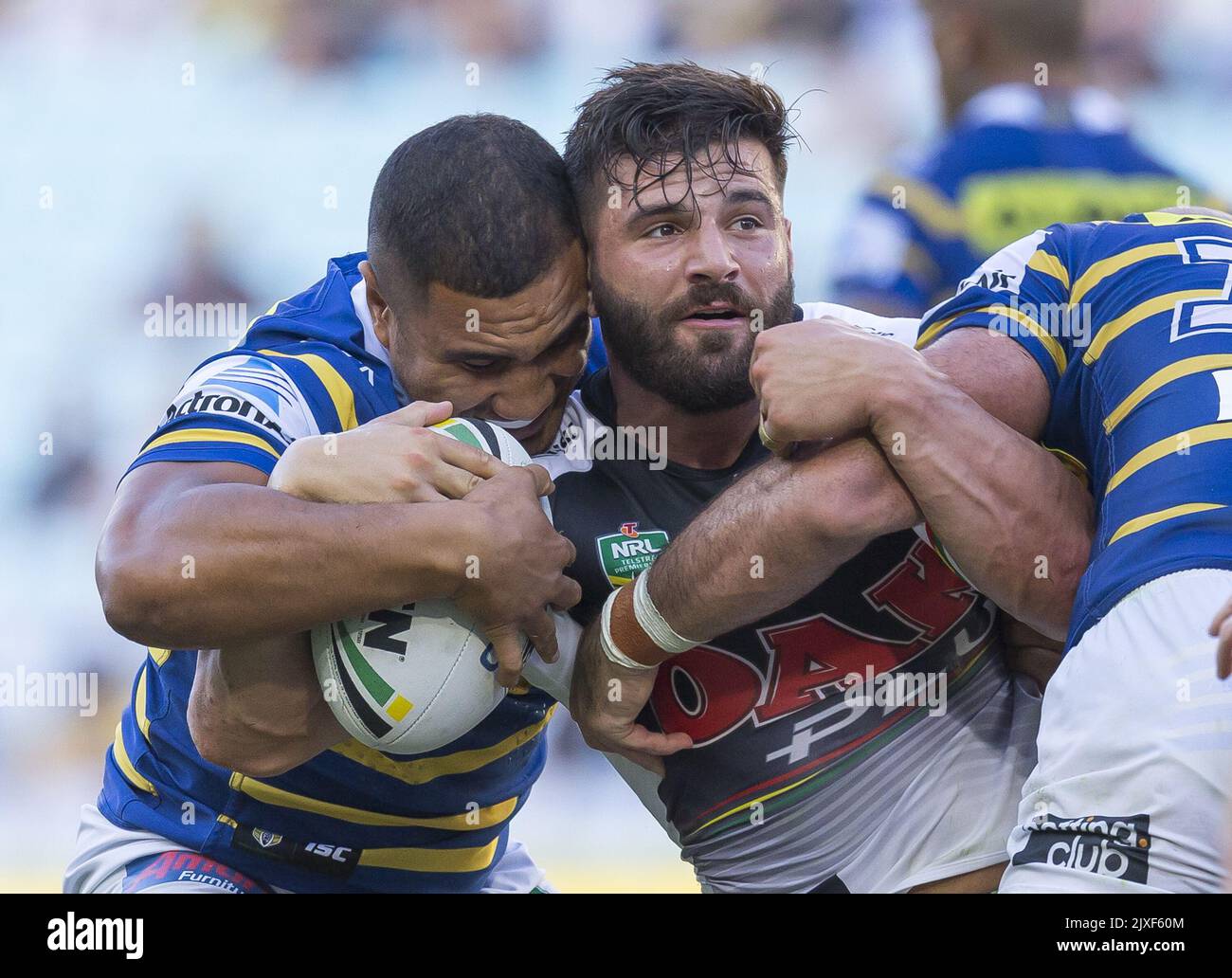 Joshua Mansour of the Panthers is tackled during the Round 5 NRL match ...